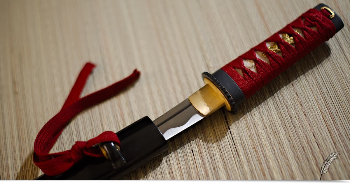 Tantō sharpened Ake (朱, blood red), ito and dark red sageo